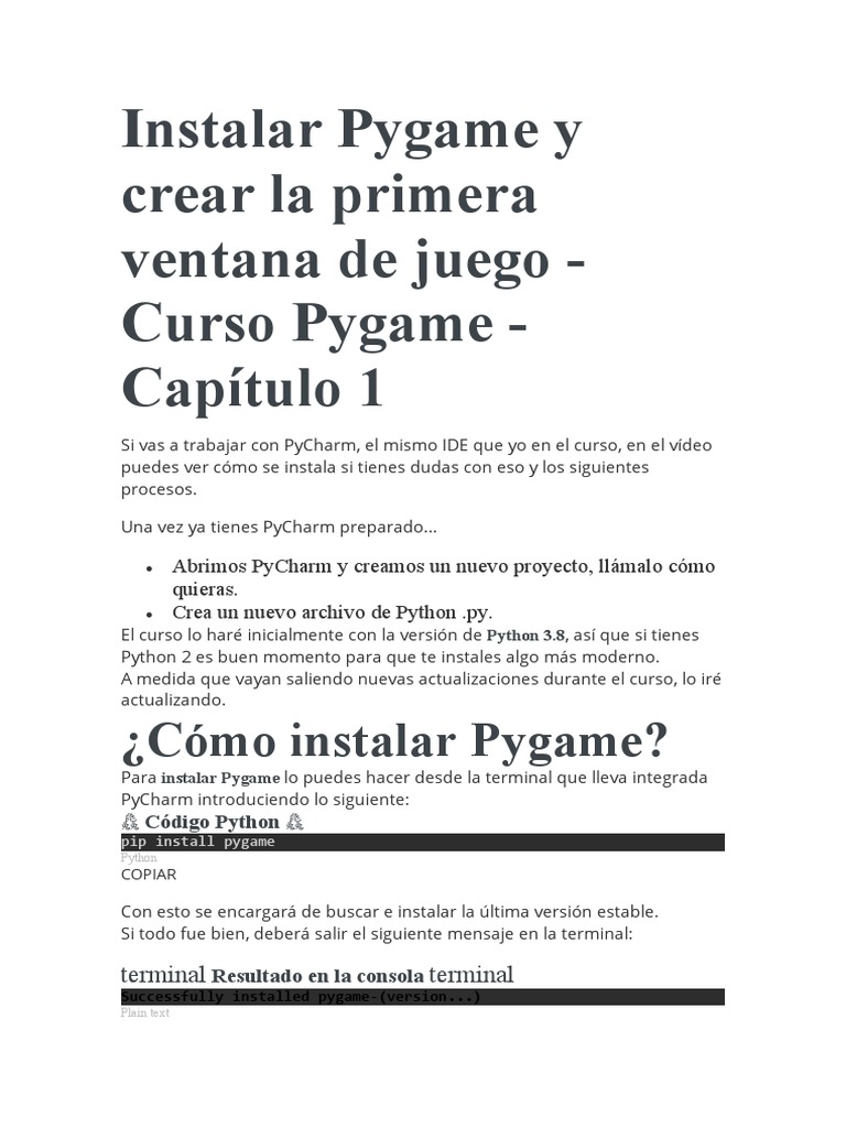 1- Instalar Pygame y crear la primera ventana de juego | PDF | Python ...