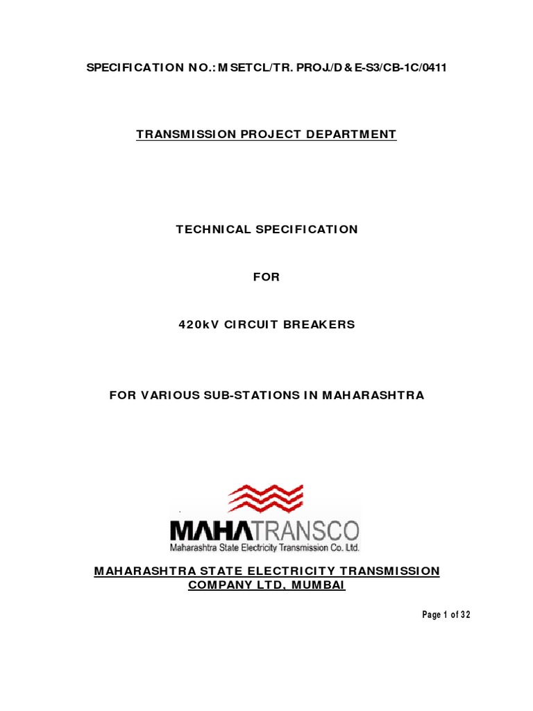 MSETCL Technical Specs for 420kV Breakers | PDF | Switch | Insulator ...