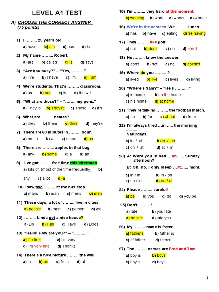 Level A1 Test: A) Choose The Correct Answer (75 Points) | PDF