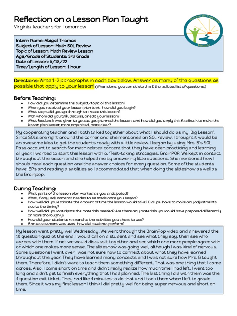 Reflection On A Lesson Plan Taught: Before Teaching | PDF | Lesson Plan ...
