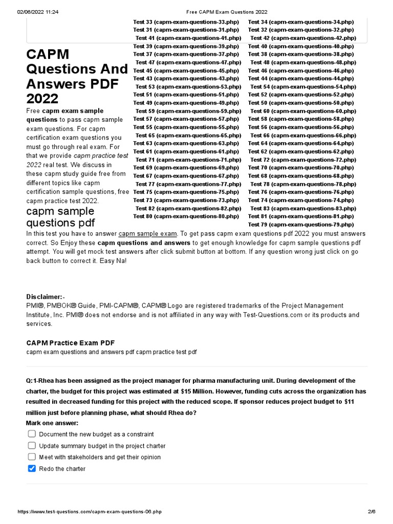 Capm Questions and Answers PDF 2022 | PDF | Test (Assessment) | Project ...