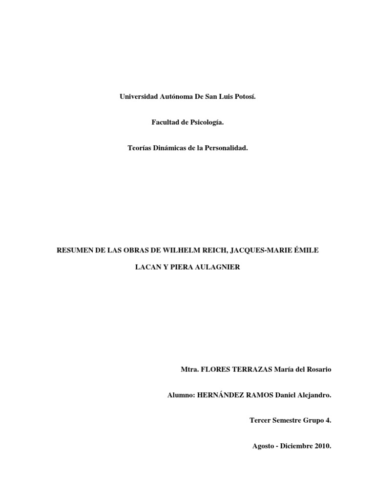 Resumen de Las Obras de Wilhelm Reich, Jacques-Marie Émile Lacan y ...