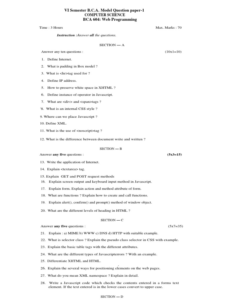 BCA Web Programming Model Question Papers | PDF | Html Element | Html