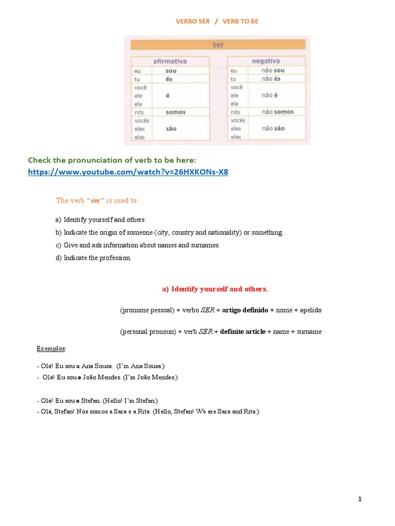 Usos Do Verbo SER + Nacionalidades + Profissões + PREPOSIÇÃO DE | PDF ...
