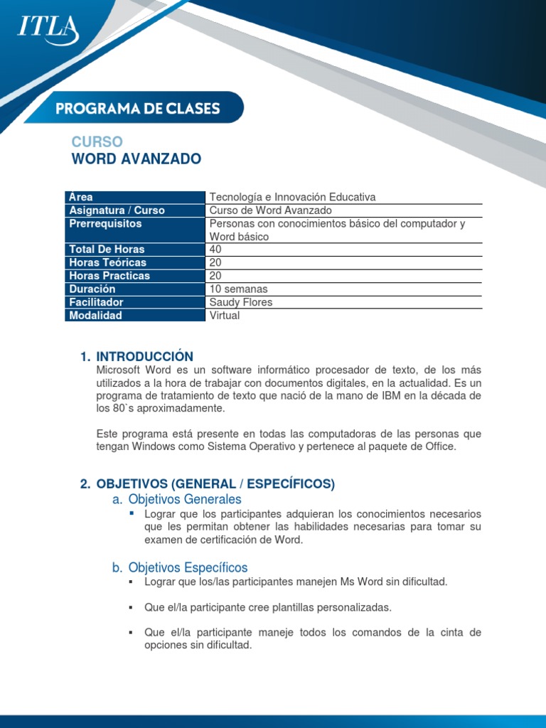 Programa de Clase Del Curso de Word Avanzado | PDF | Microsoft Word | Desarrollo de software