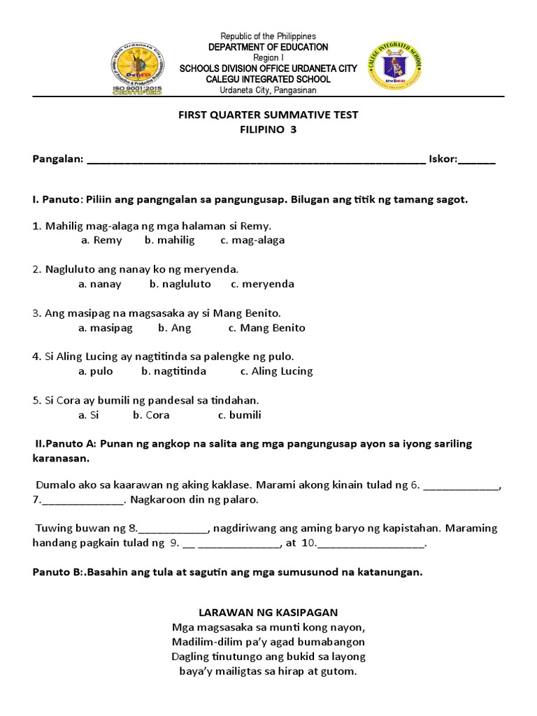 1ST QUARTER Summative Test FILIPINO 3 | PDF