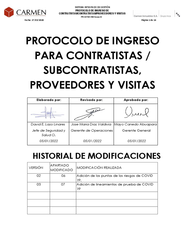 Ptc-Sst-001-R05-Protocolo de Ingreso A Obra - Carmen Inmuebles | PDF | Seguridad y salud ...
