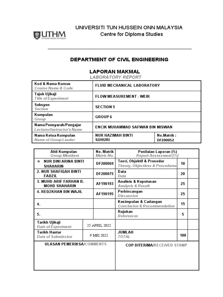 Flowmeasurement-Weir Labreport | PDF | Fluid Dynamics | Flow Measurement