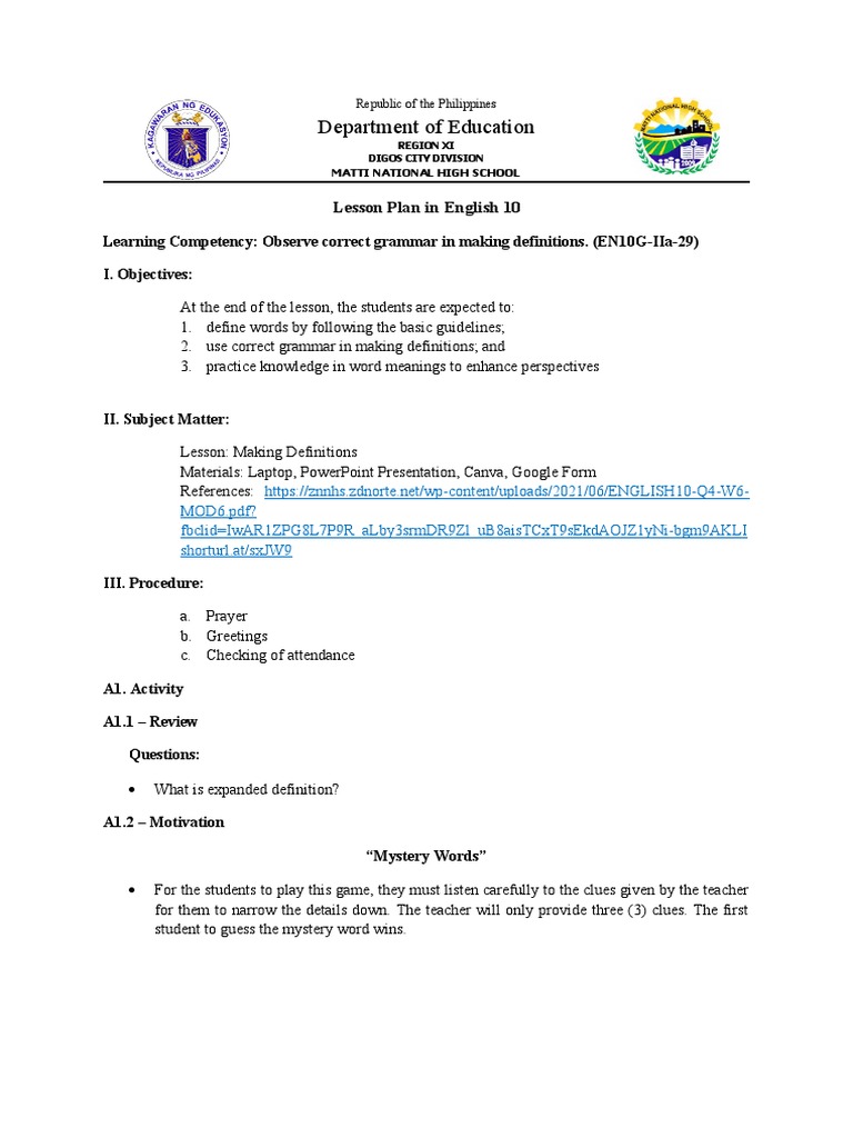 Lesson Plan in English 10 - COT2 | PDF | Subject (Grammar) | Grammatical Number