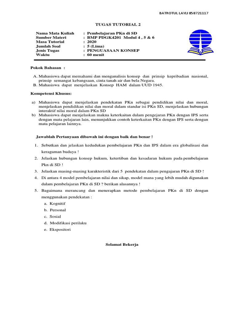 TUGAS TUTORIAL 2 Pembelajaran PKN Di SD | PDF