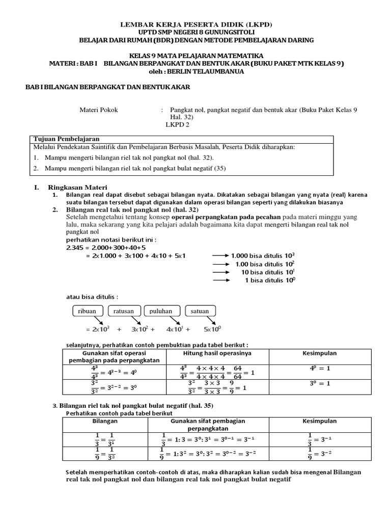 LKPD 2 MTK Daring Kelas 9 | PDF