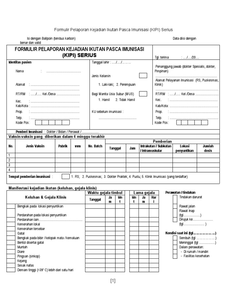 Formulir Pelaporan Kejadian Ikutan Pasca Imunisasi (Kipi) Serius | PDF