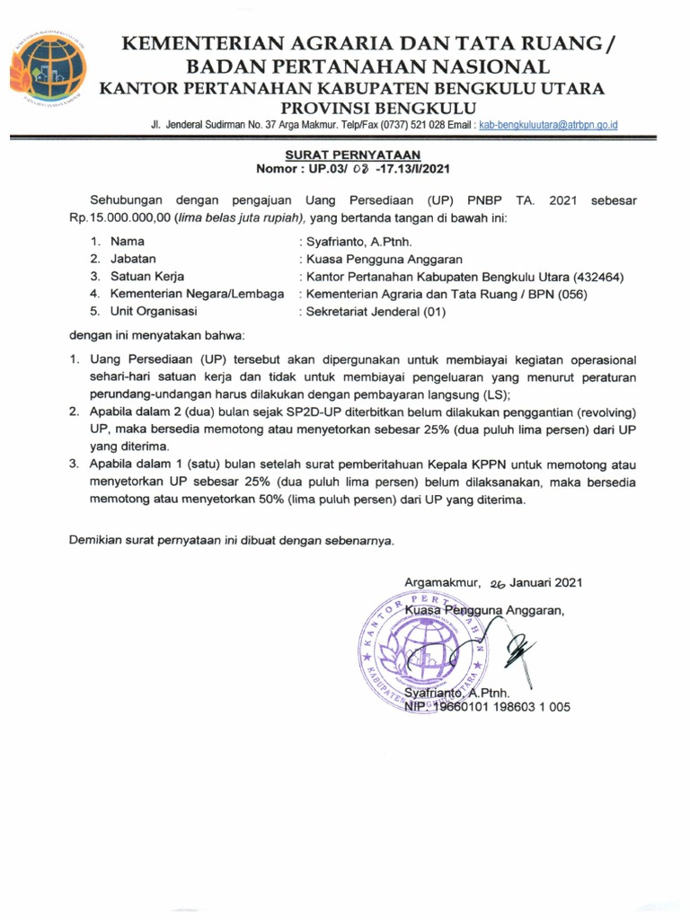 Surat Pernyataan Pengajuan UP PNPB | PDF
