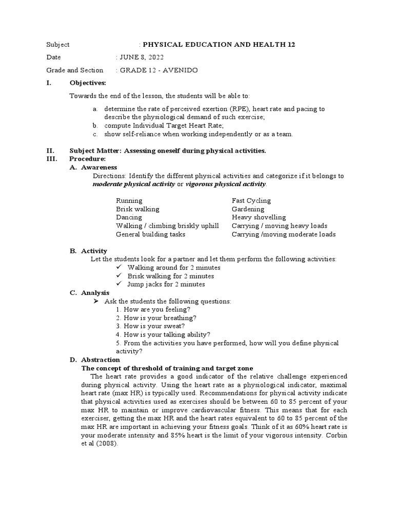 Pe Health Lesson Plan Cot | PDF | Heart Rate | Physical Education