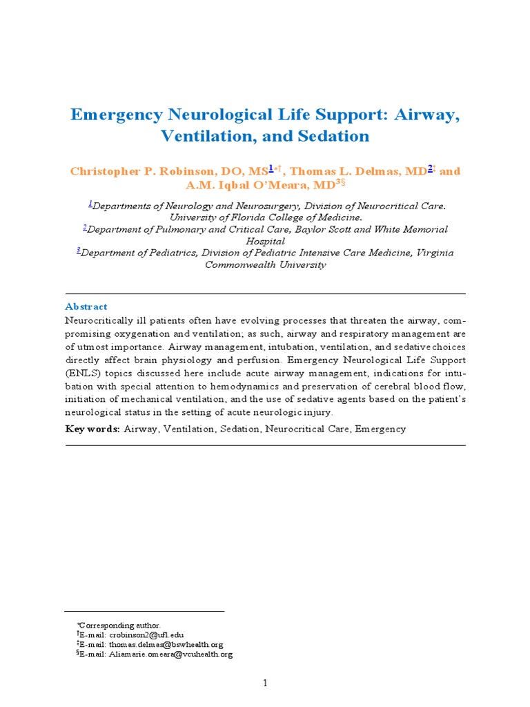 Emergency Neurological Life Support: Airway, Ventilation, and Sedation ...