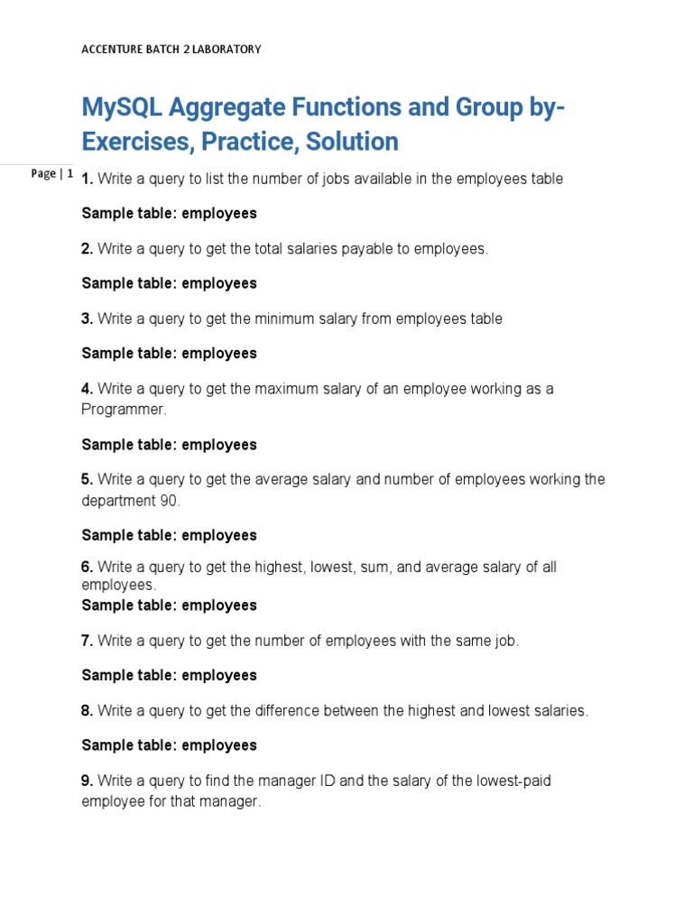 MySQL Aggregate Functions and Group by - Exercises, Practice, Solution ...