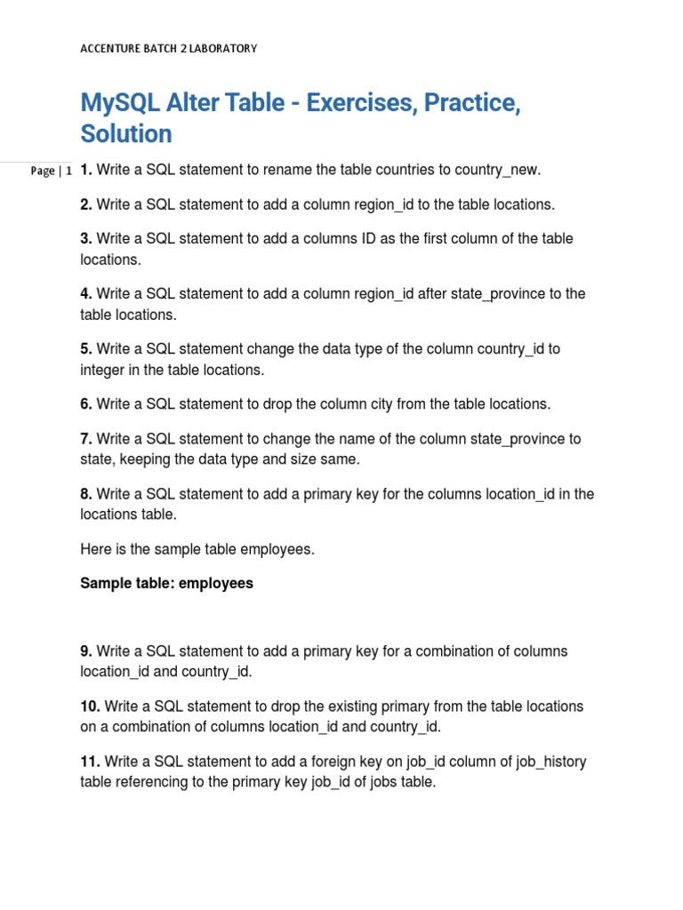 MySQL Alter Table - Exercises, Practice, Solution | PDF | Information Retrieval | Databases