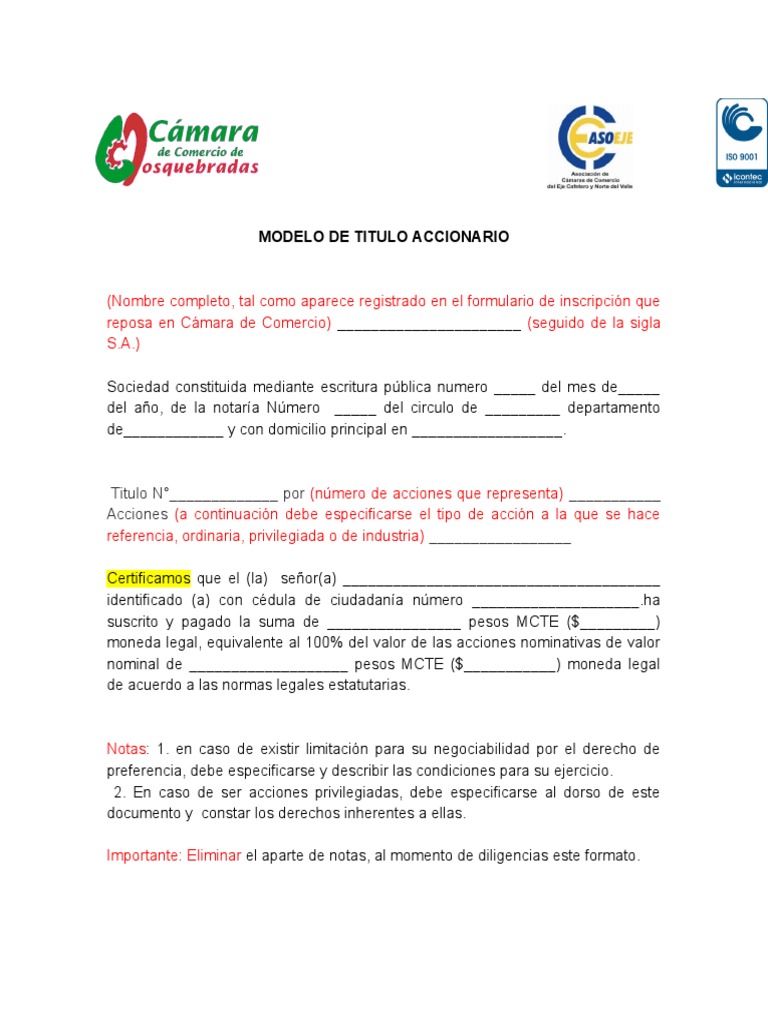 Modelo de certificado de acciones nominativas para una sociedad por ...