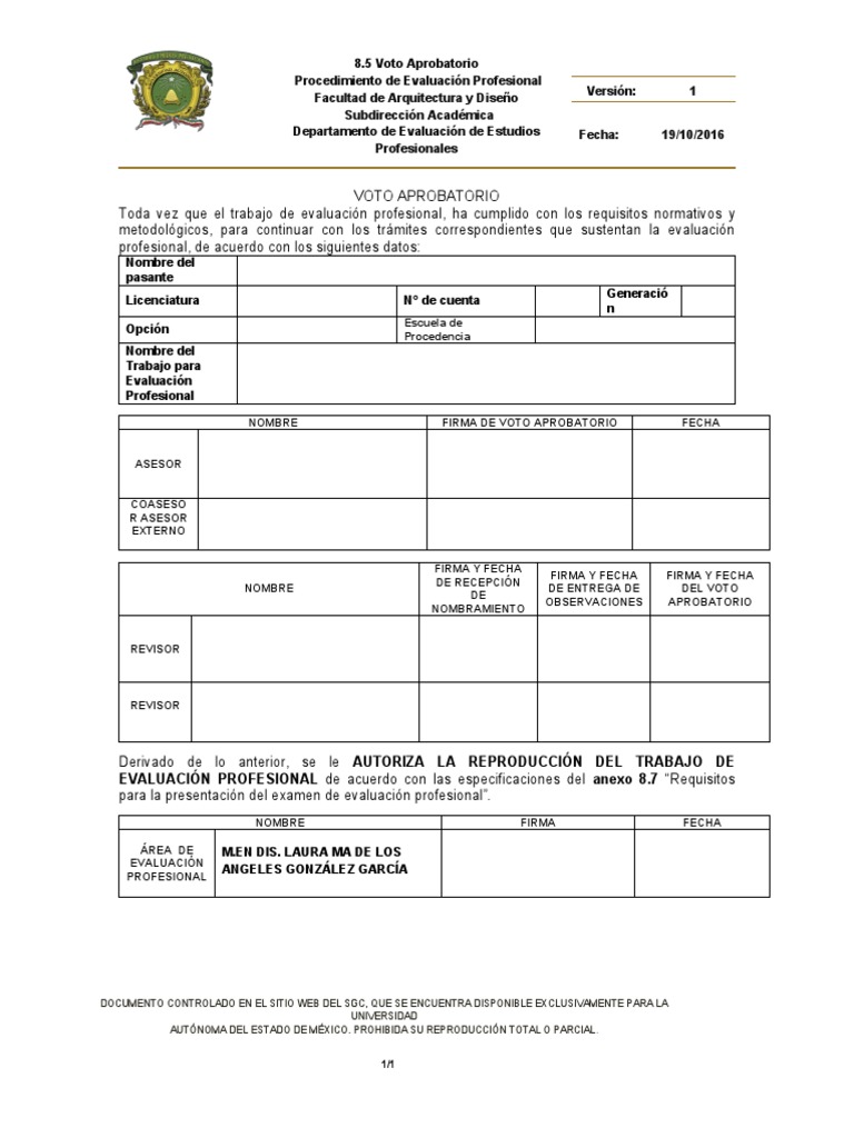 8.5 Voto Aprobatorio Procedimiento de Evaluación Profesional | PDF