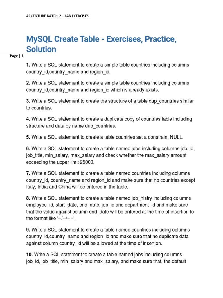 MySQL Create Table - Exercises, Practice, Solution | PDF | Table (Database) | Computing