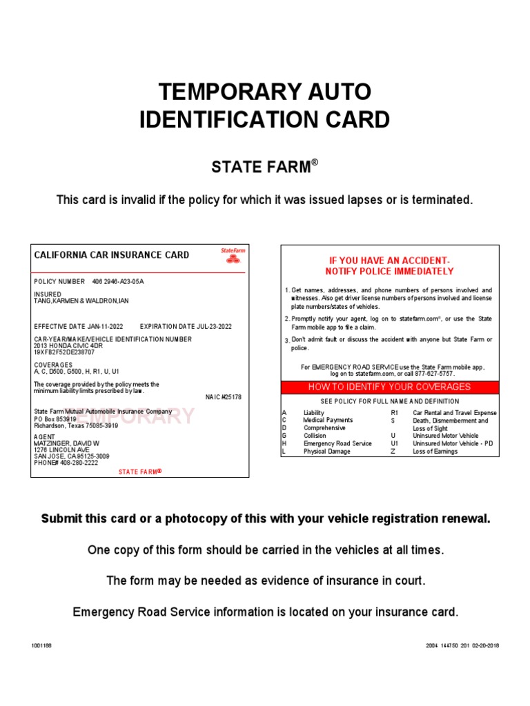 Temporary Auto Identification Card | PDF | Vehicle Insurance | Insurance