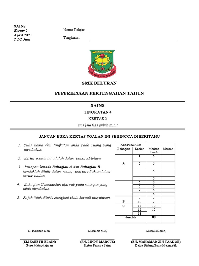 Muka Depan Kertas Soalan | PDF