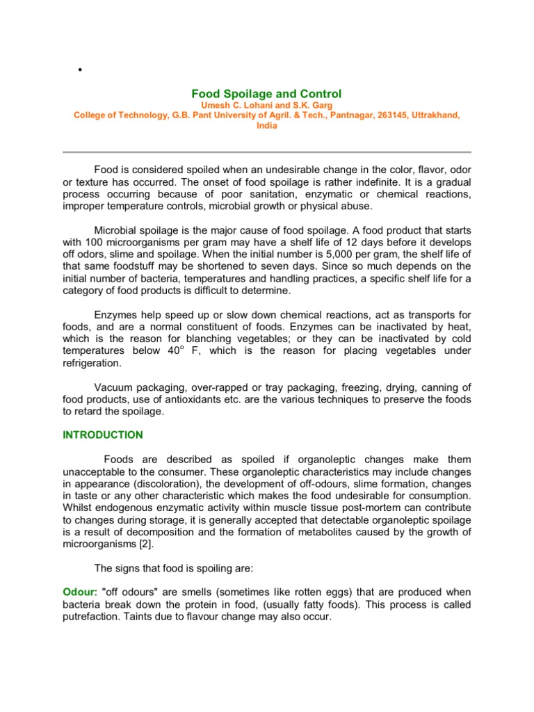 Food Spoilage and Control | PDF | Decomposition | Microorganism