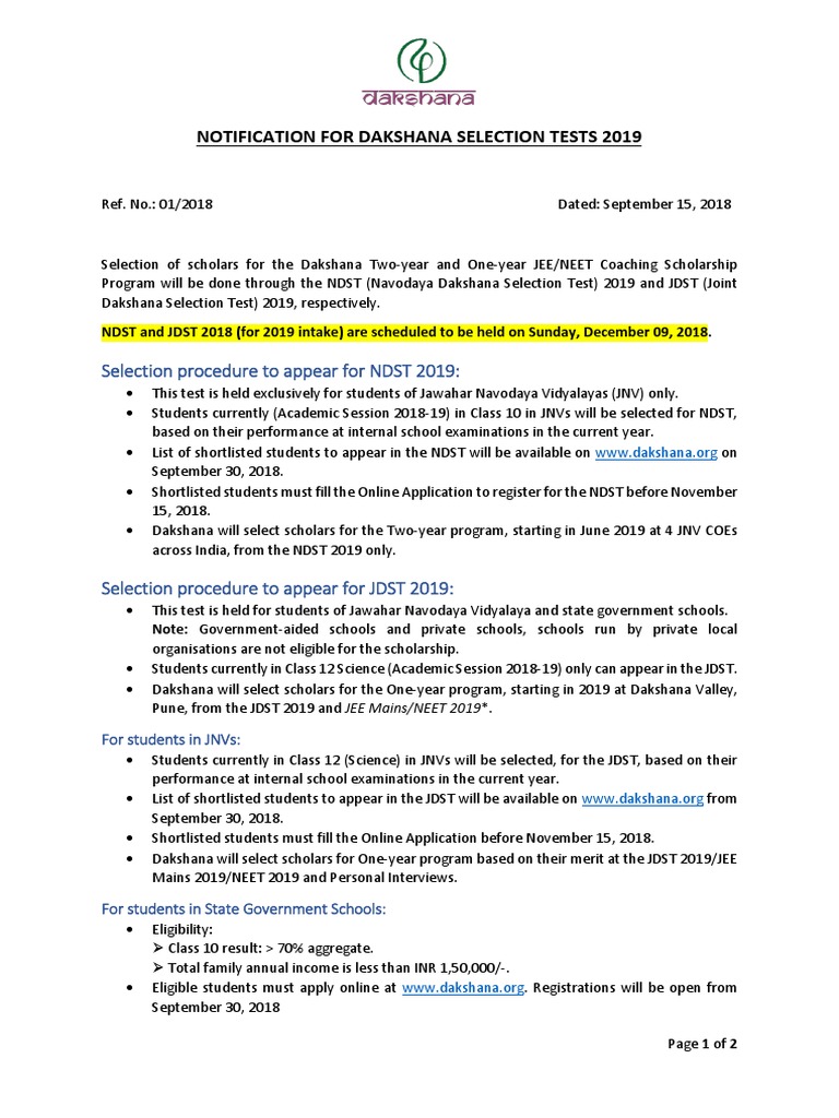 Dakshana Selection Test 2019 | PDF | Schools | Educational Stages