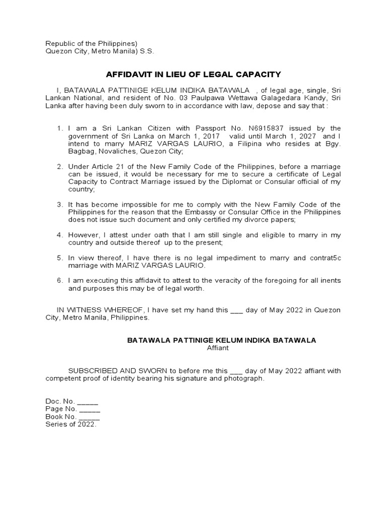 Affidavit in Lieu of Legal Capacity | PDF