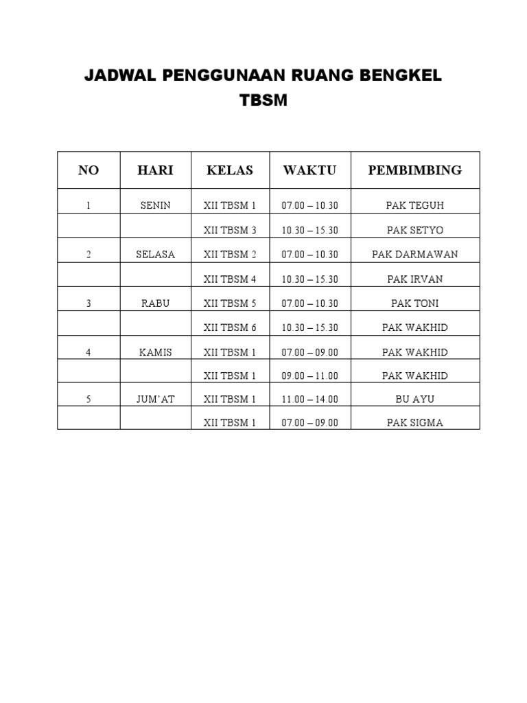 Jadwal Penggunaan Ruang Bengkel Tbsm | PDF