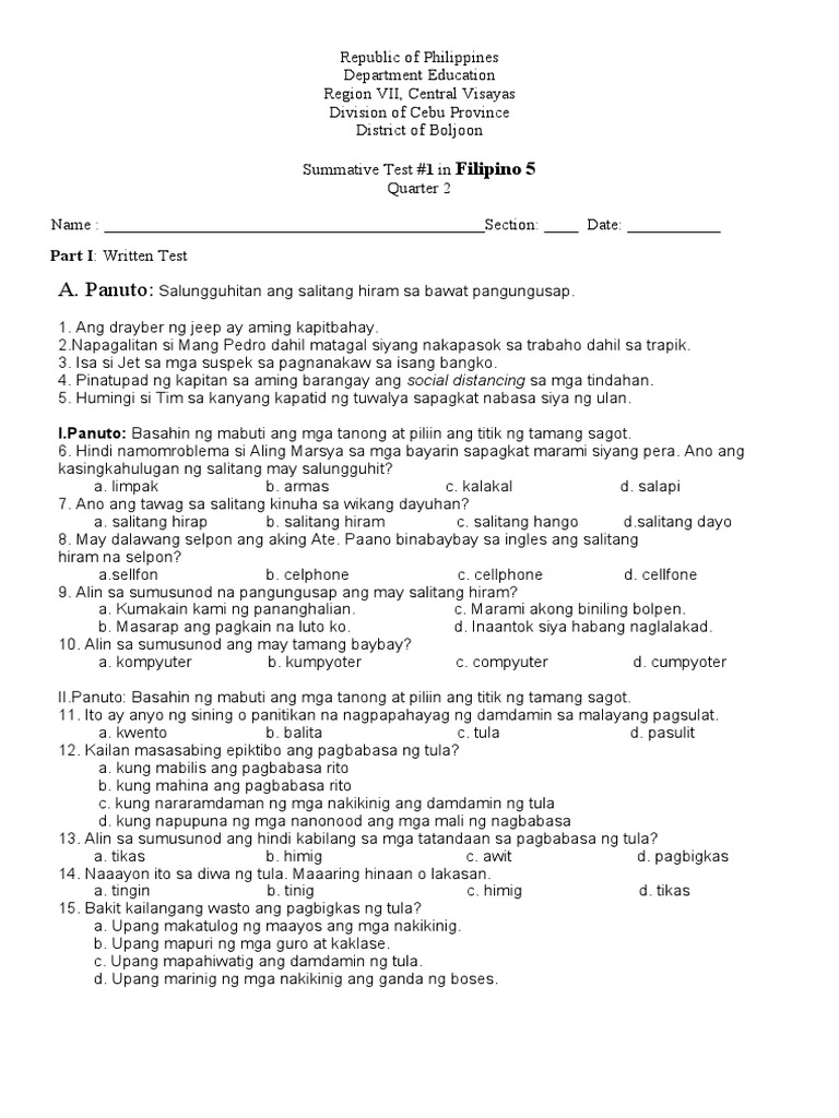 Summative Test #1 in Filipino 5 | PDF