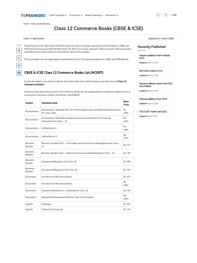 Class 12 Commerce Books (CBSE & ICSE) : Recently Published | PDF ...