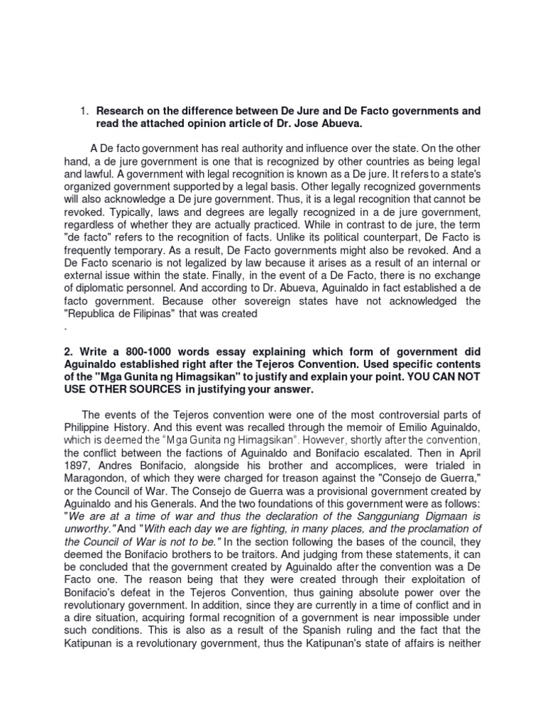 GED103 - Aguinaldo's Government-De Jure or de Facto | PDF | Government ...