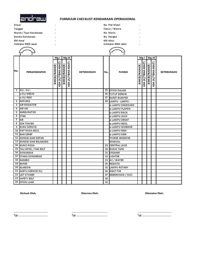 Form Ceklist Kendaraan Operasional | PDF