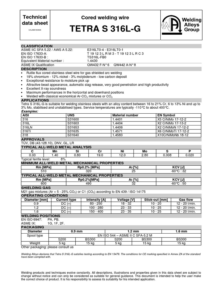 Tetra S 316L-G: Technical Data Sheet Cored Welding Wire | PDF ...