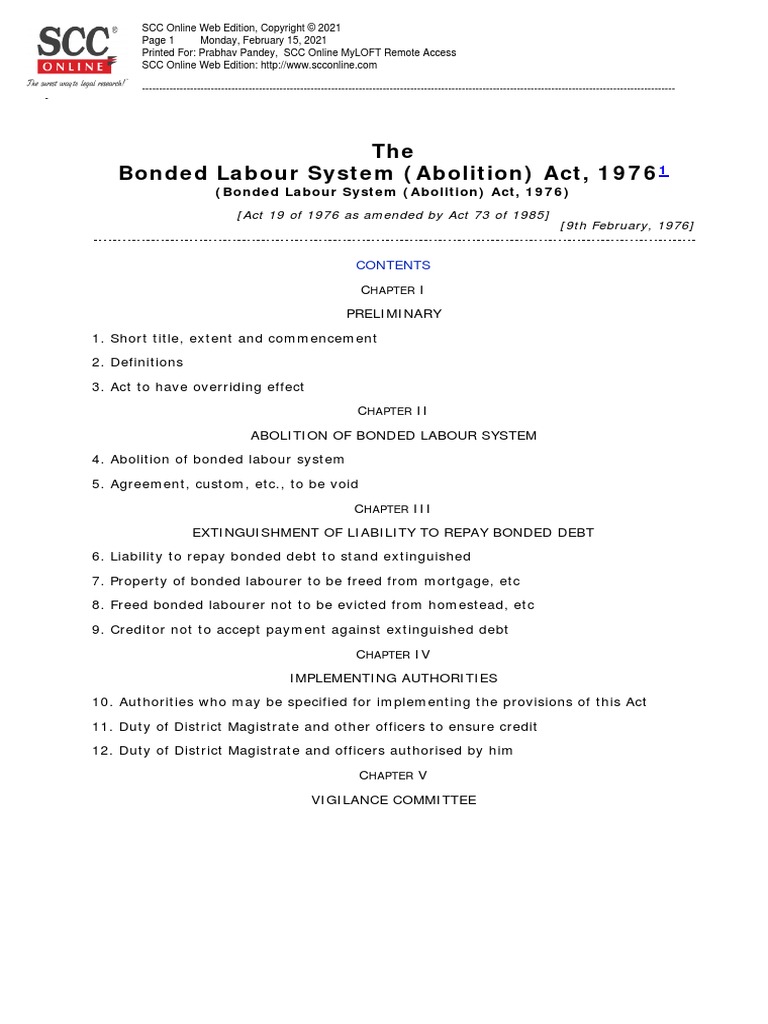 (Bonded Labour System (Abolition) Act, 1976) | PDF | Mortgage Law ...
