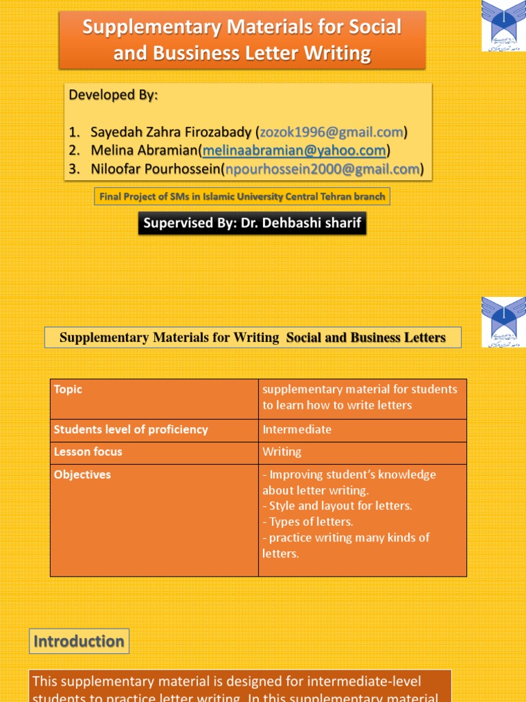 Supplementary Material For Writing Social and Business Letters | PDF ...