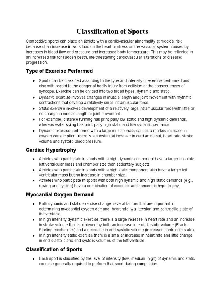 Classification of Sports: Type of Exercise Performed | PDF | Heart ...
