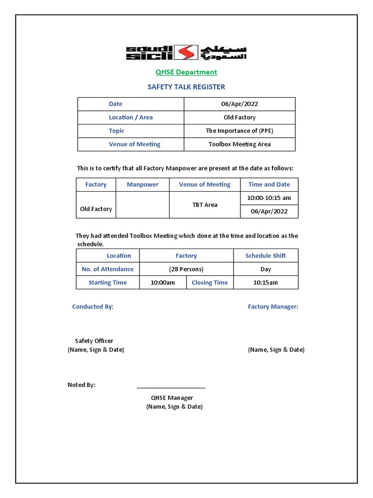 Safety Talk Register-Old Factory | PDF