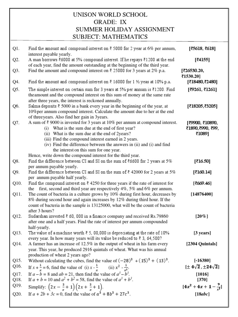 Grade IX Math Holiday Tasks | PDF | Compound Interest | Interest