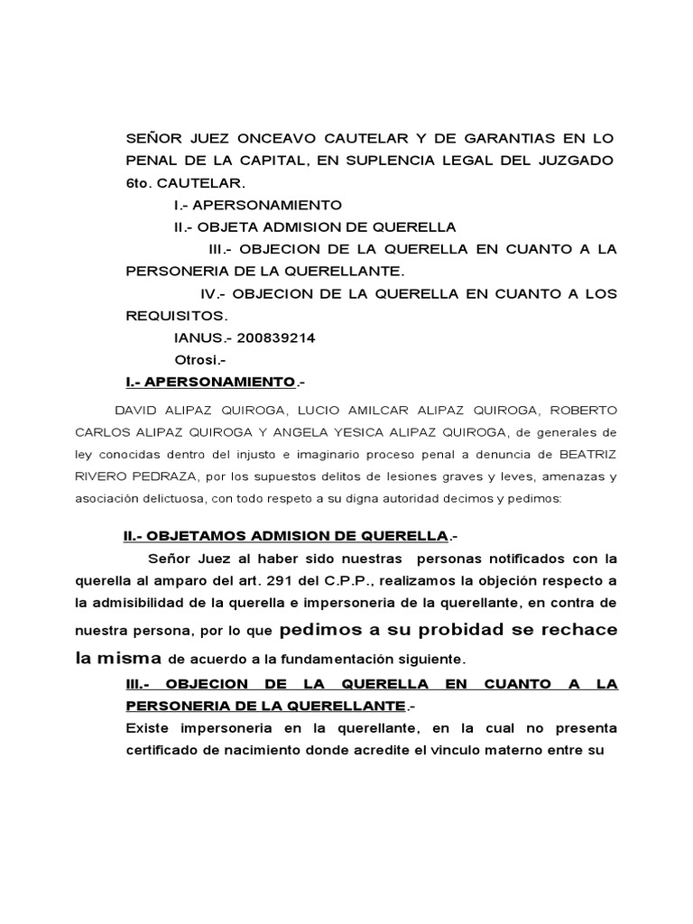 Objeta Querella-Alipac | PDF | Queja | Justicia