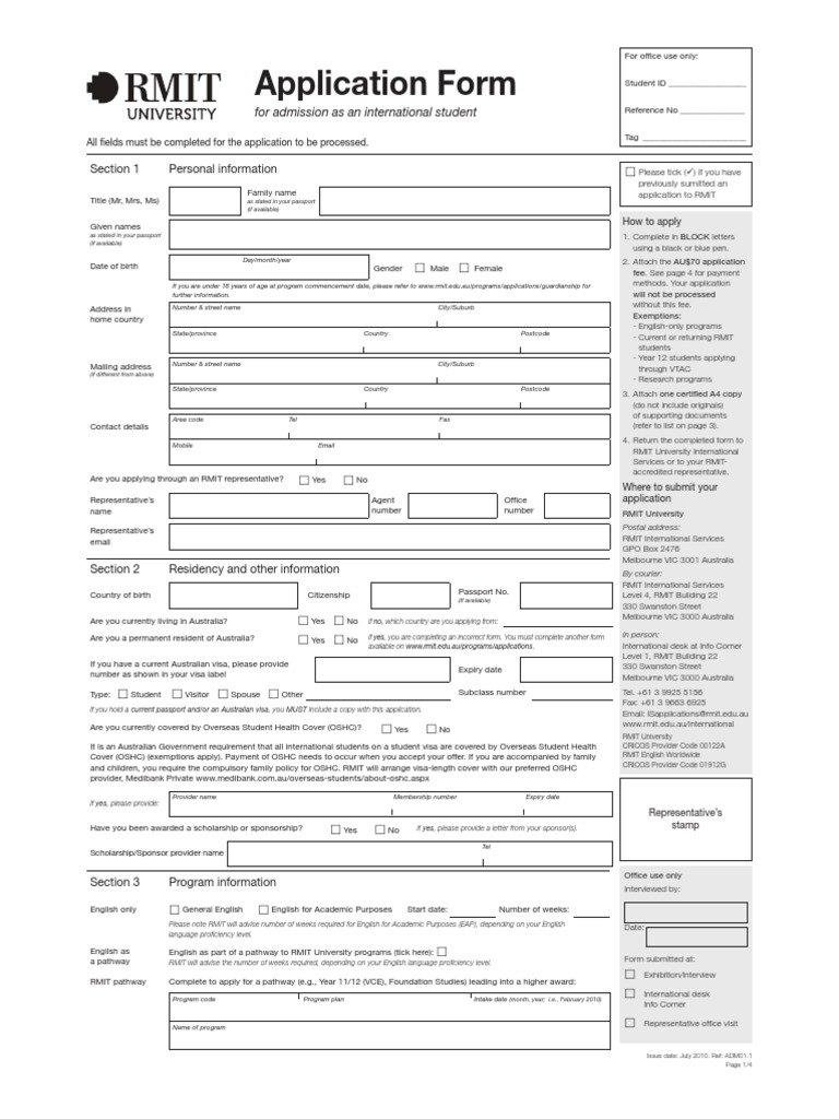 RMIT application form | PDF | Travel Visa | Fee