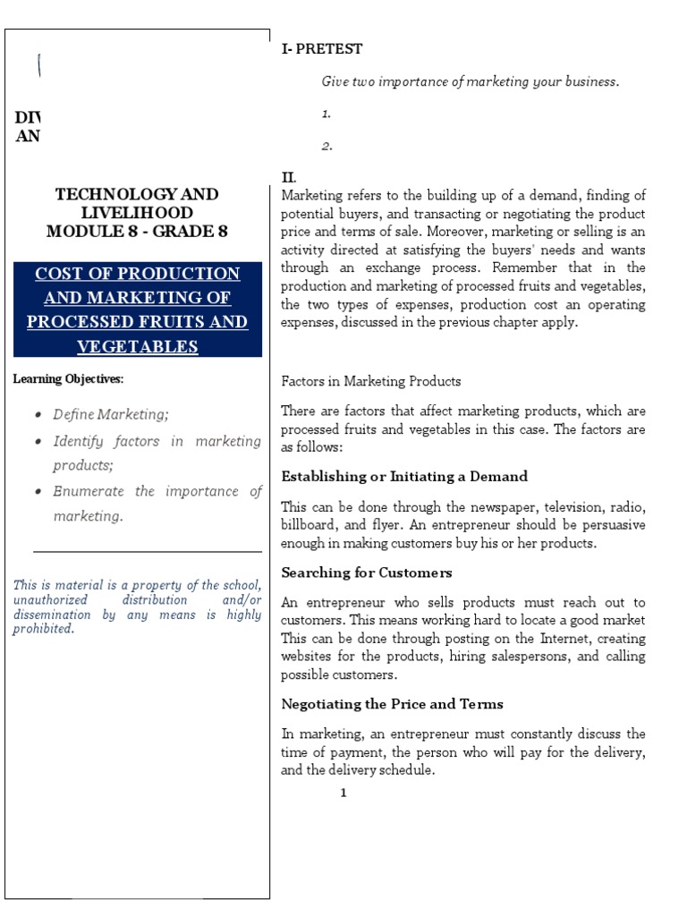 Grade 8 TLE Module 8: Marketing Basics | PDF | Sales | Marketing