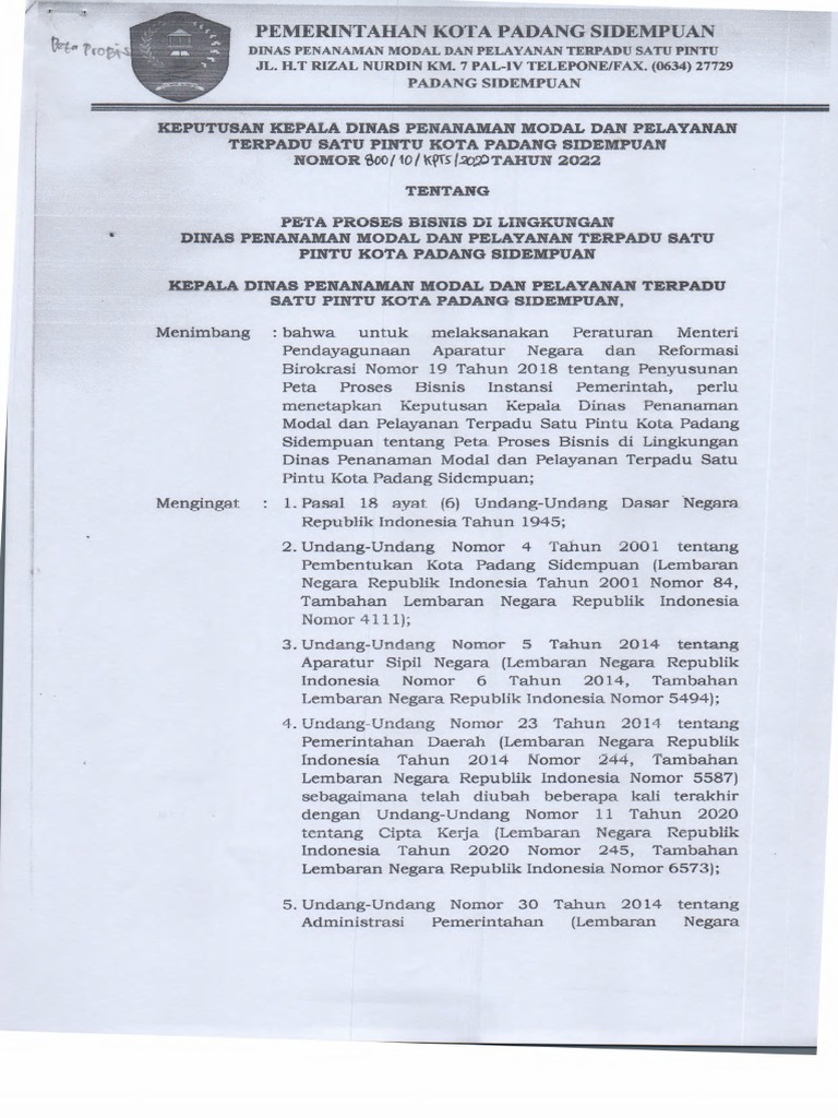 SK Kadis PMPTSP Tentang Peta Proses Bisnis Di Lingkungan PTSP | PDF