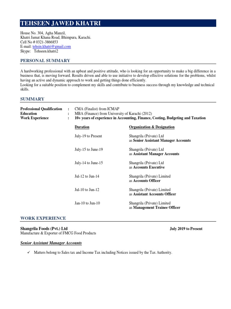 2 - Resume - Tehseen - Jawed - Deputy Manager Finance | PDF | Taxes | Audit
