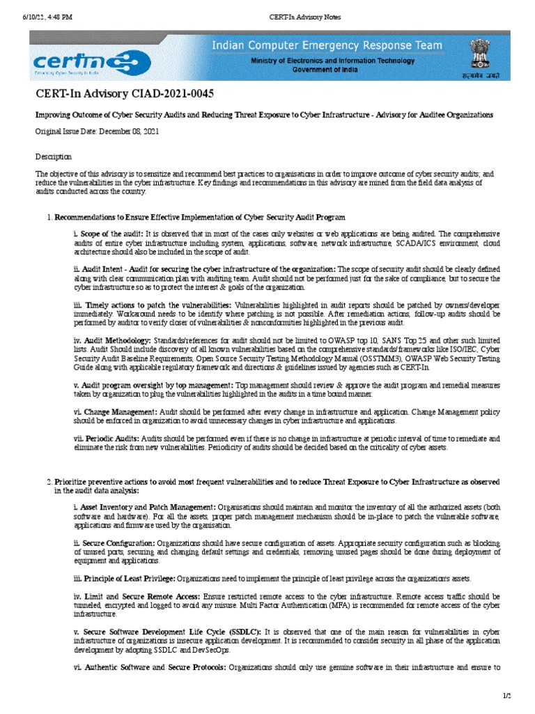 CERT-In Advisory Highlights Best Practices | PDF | Vulnerability ...