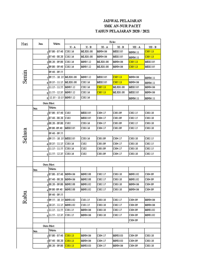 Jadwal Pelajaran SMK An-Nur 2020/2021 | PDF