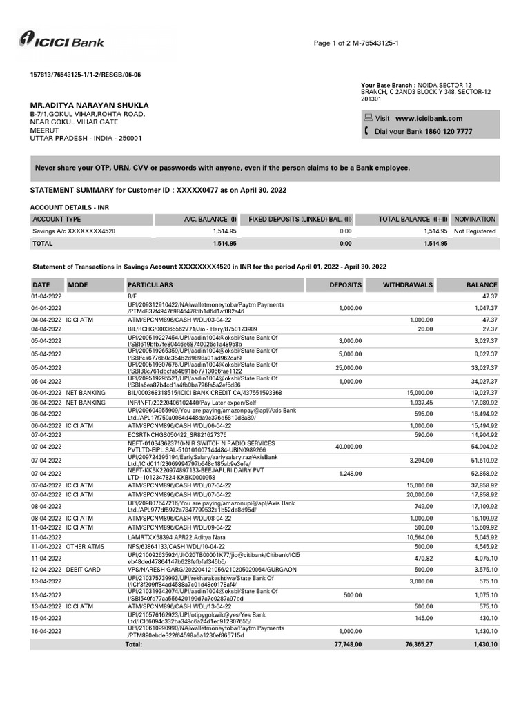 Account Statements-Apr | PDF | Banks | Automated Teller Machine