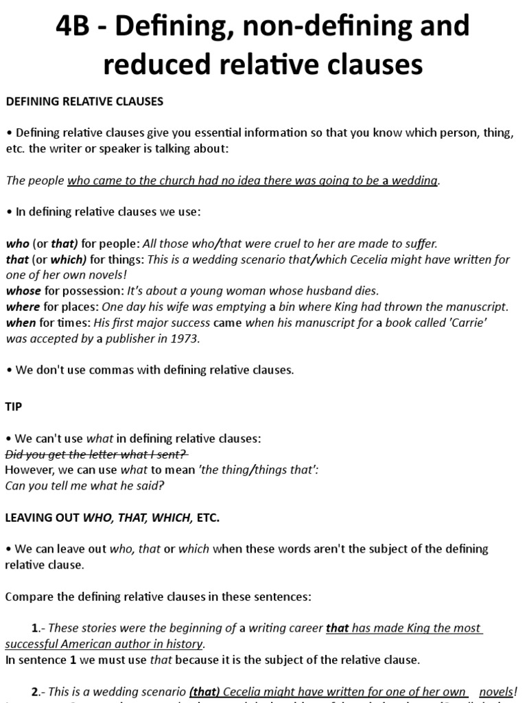 4B - Defining, Non-Defining and Reduced Relative Clauses | PDF | Clause ...