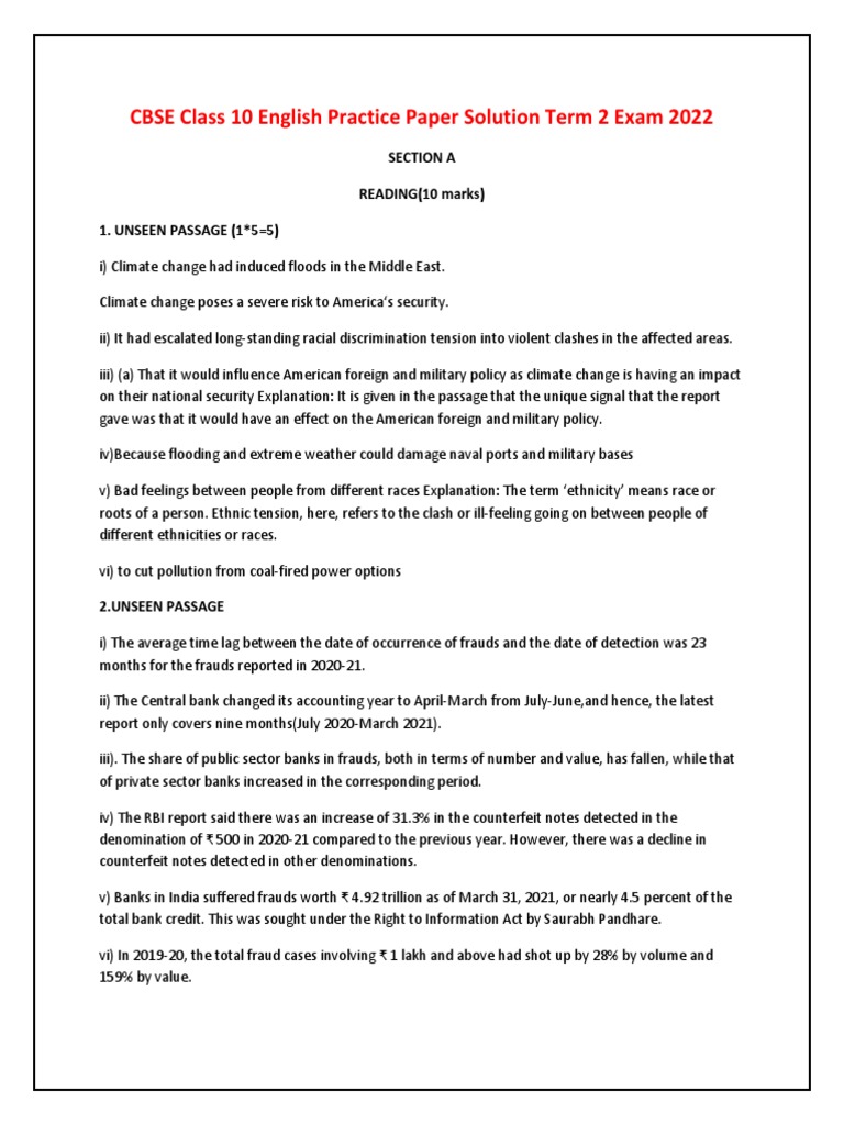CBSE Class 10 English Practice Paper Solution Term 2 Exam 2022 | PDF